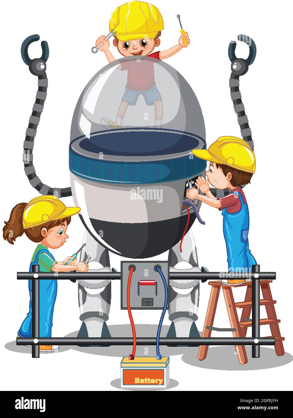 Children building robot together on white background illustration Stock ...