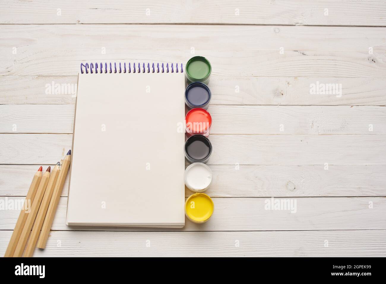 watercolor paint notepad pencils art drawing Stock Photo - Alamy