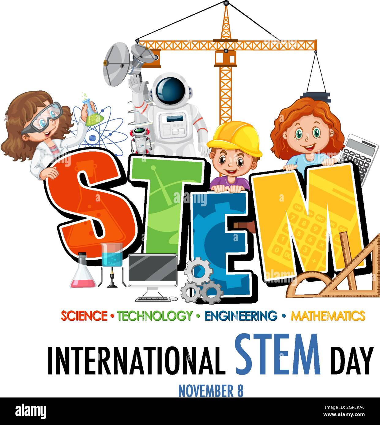 International STEM Day banner with kids cartoon character illustration ...