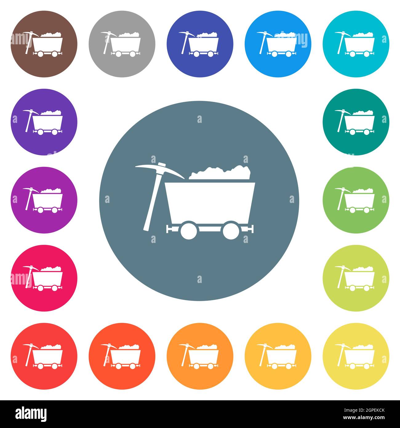 Loaded mine cart and pickaxe flat white icons on round color backgrounds. 17 background color ...