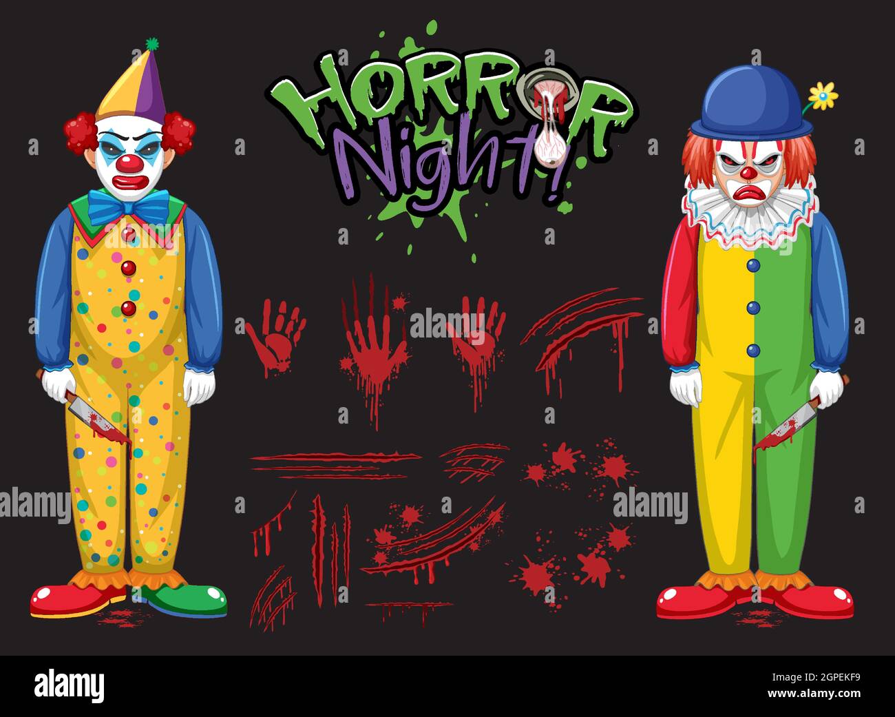 Horror Night text logo with Creepy Clowns illustration Stock Vector ...