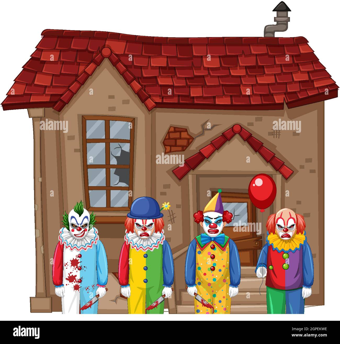 Creepy clowns standing in front of an abandoned house illustration ...