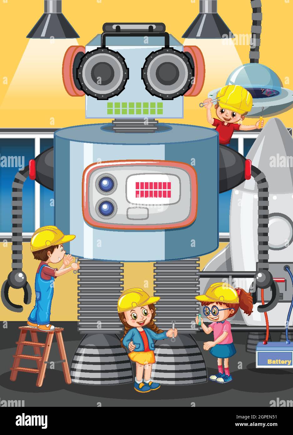 Scene with children building robot together illustration Stock Vector ...