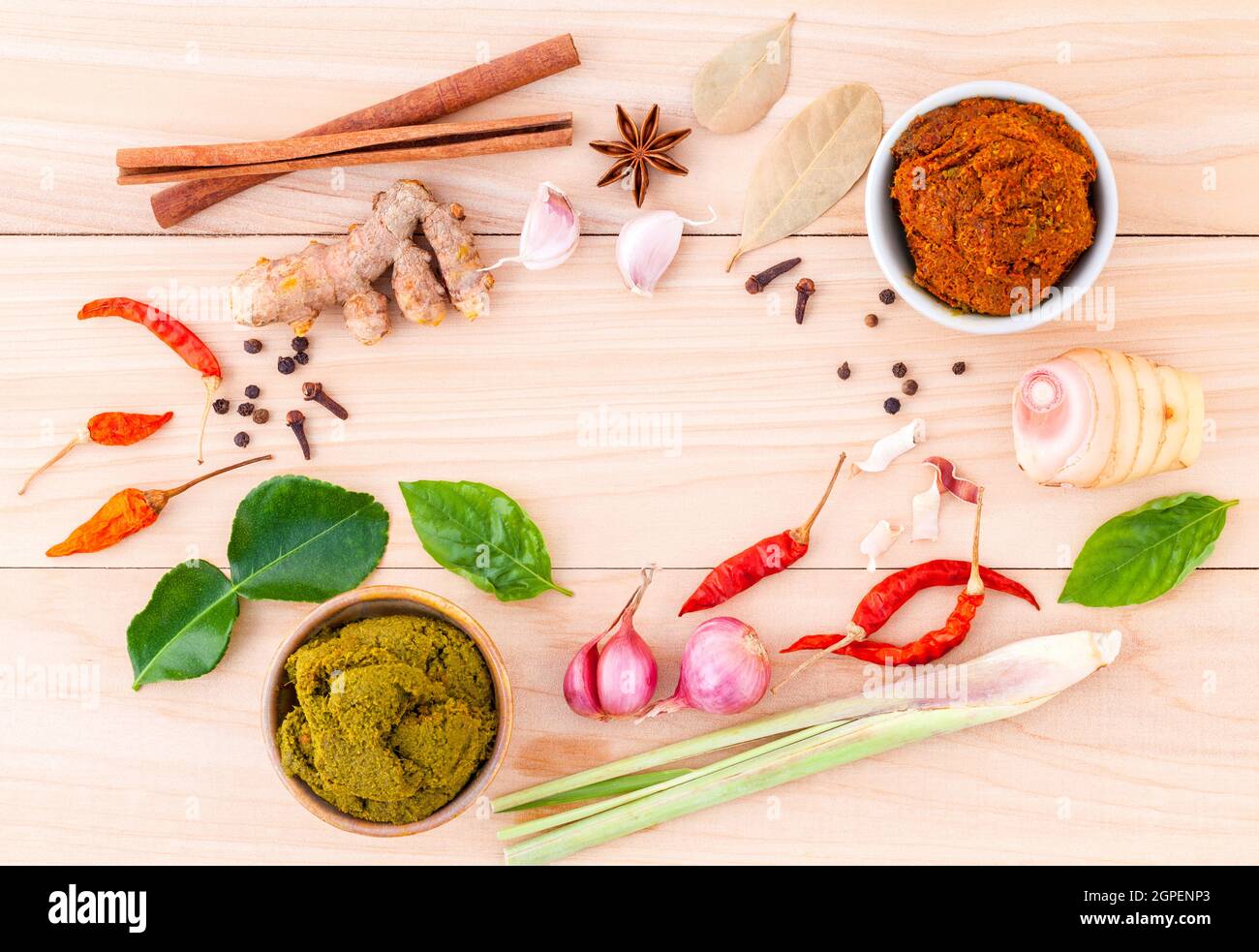 Assortment of Thai food Cooking ingredients and Paste of thai popular ...