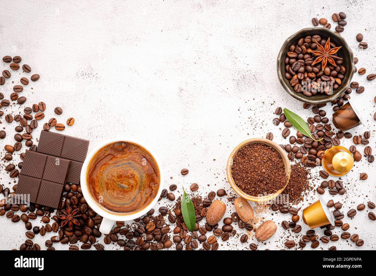 Background of various coffee , dark roasted coffee beans , ground and ...