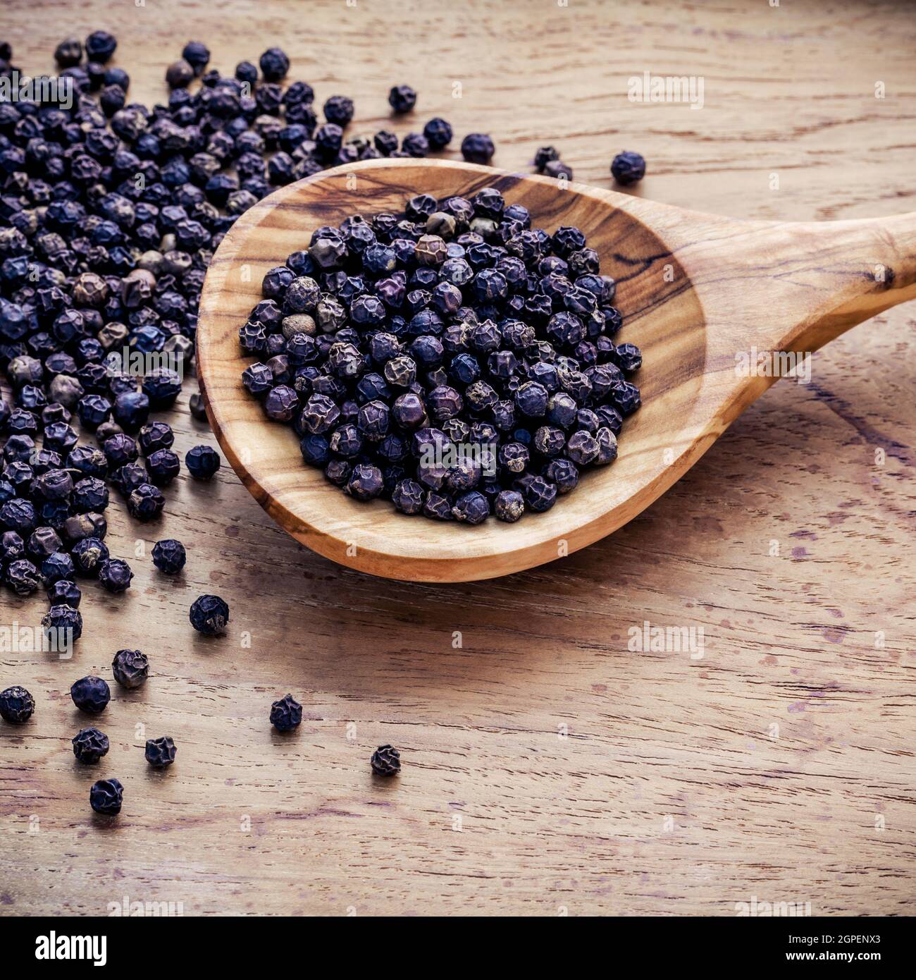 Closeup black pepper in wooden spoon on shabby teak wood table ...