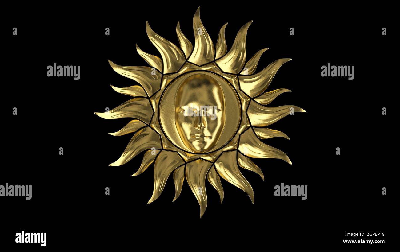 The golden sun. The rays rotate in a circle. On a black background. 3D ...