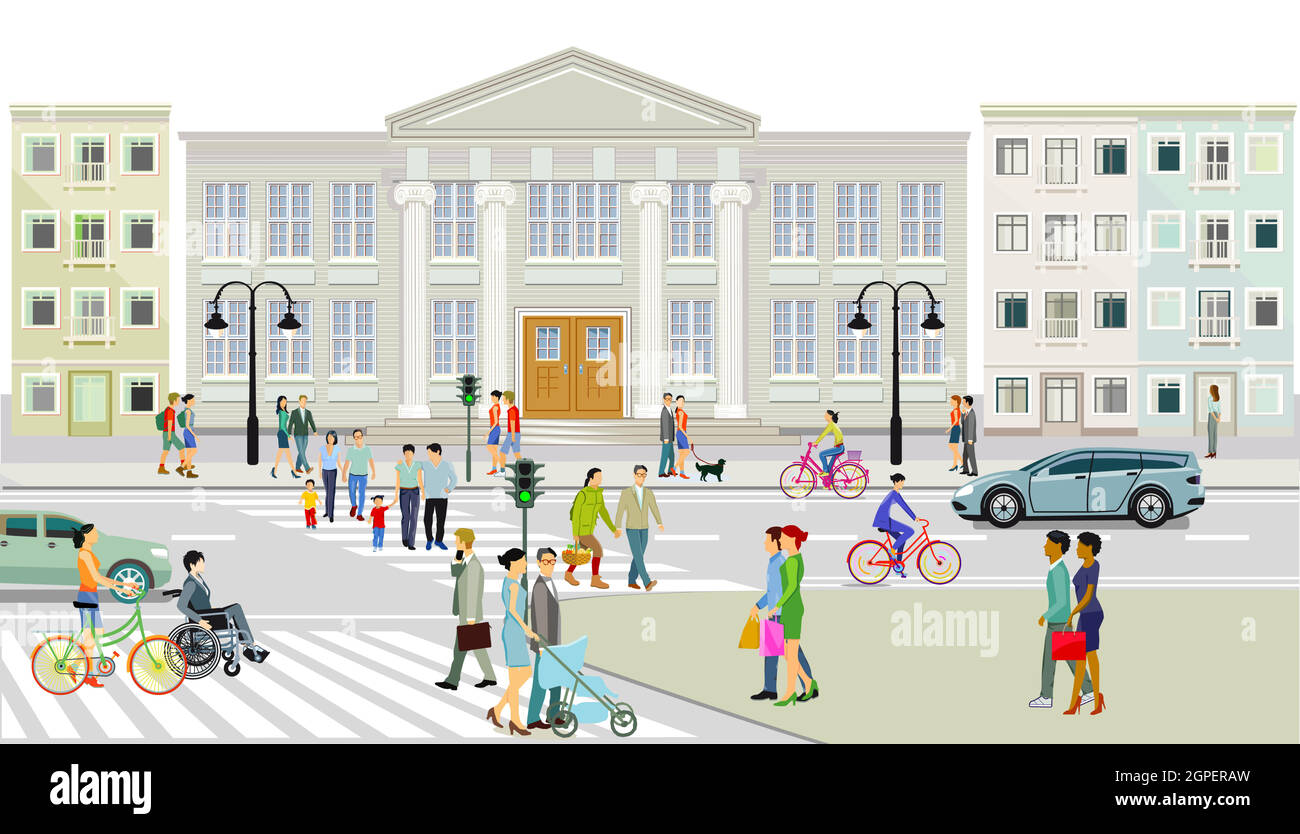 City view with pedestrian crossing and pedestrians, illustration Stock ...