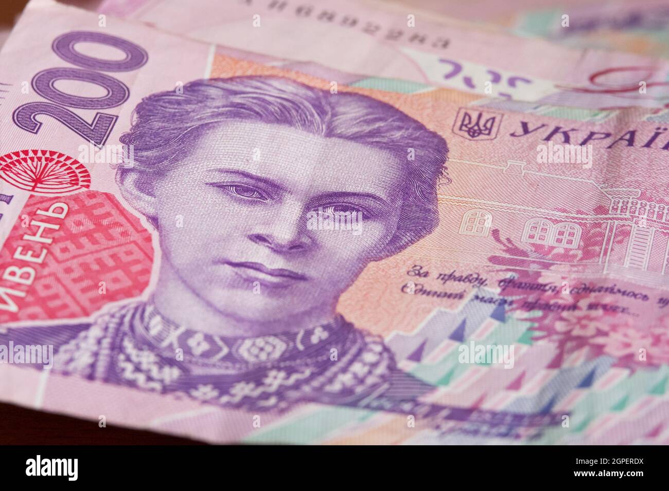 Portrait of Lesya Ukrainka in 200 hryvnia banknotes. Ukrainian paper ...