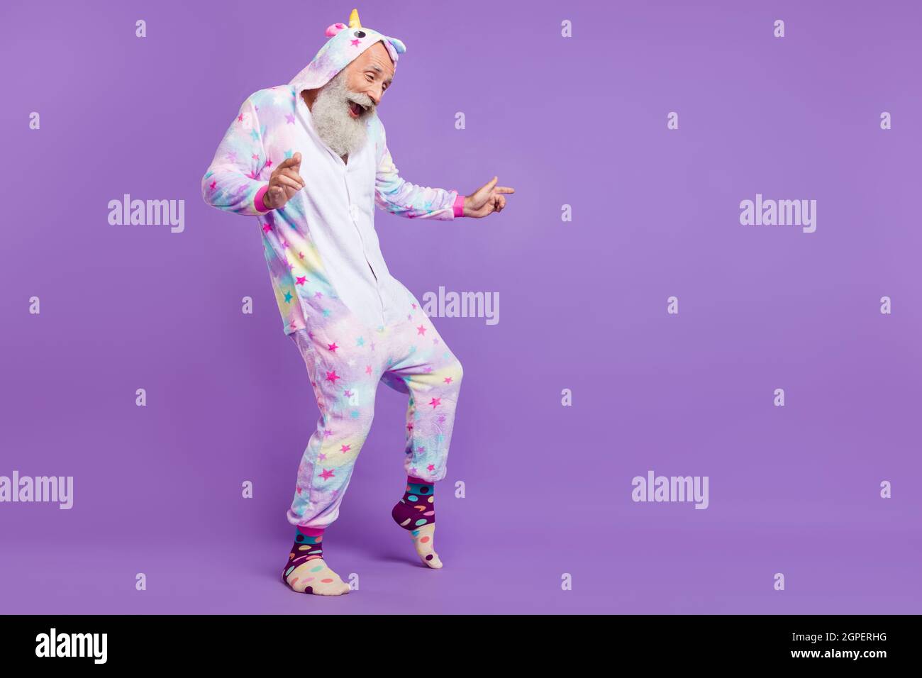 Full length photo of happy positive old man wear pajama dance good mood ...