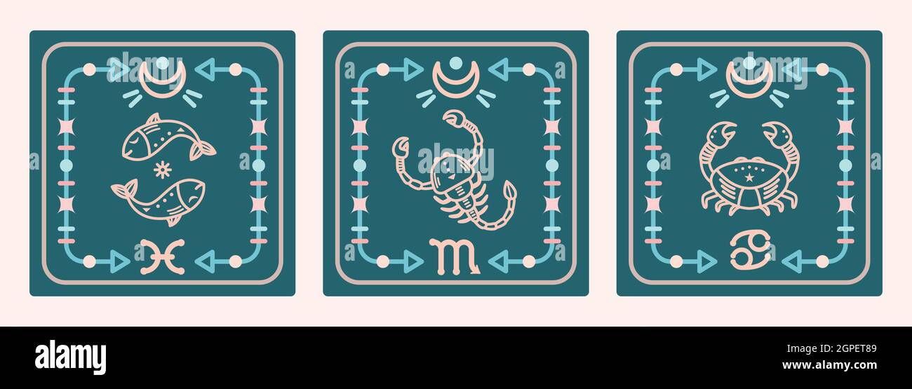 A set of vector maps with water signs of the zodiac. Astrological cards ...