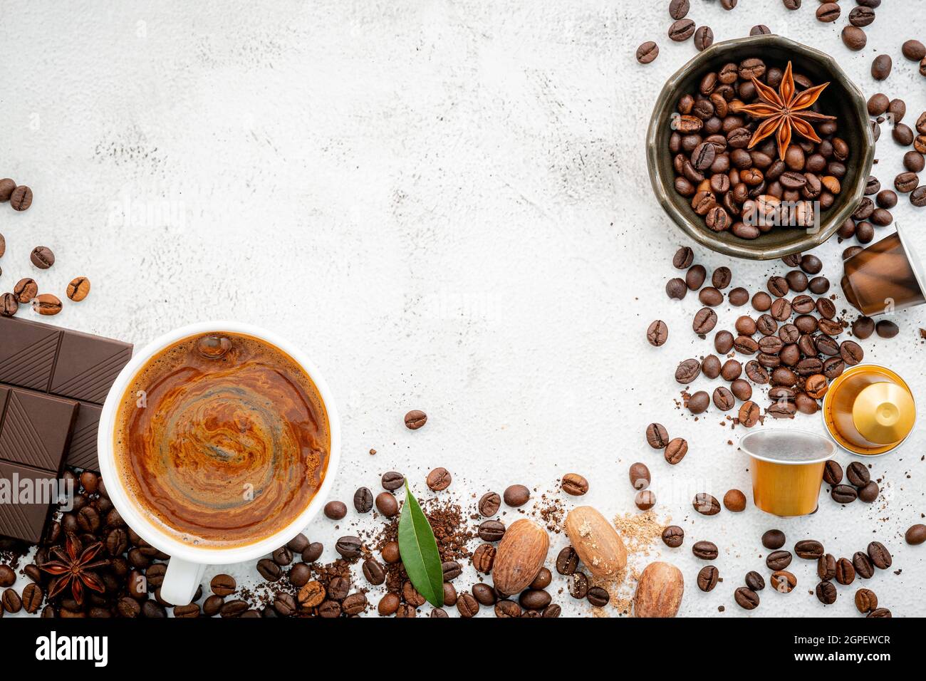 Background of various coffee , dark roasted coffee beans , ground and ...