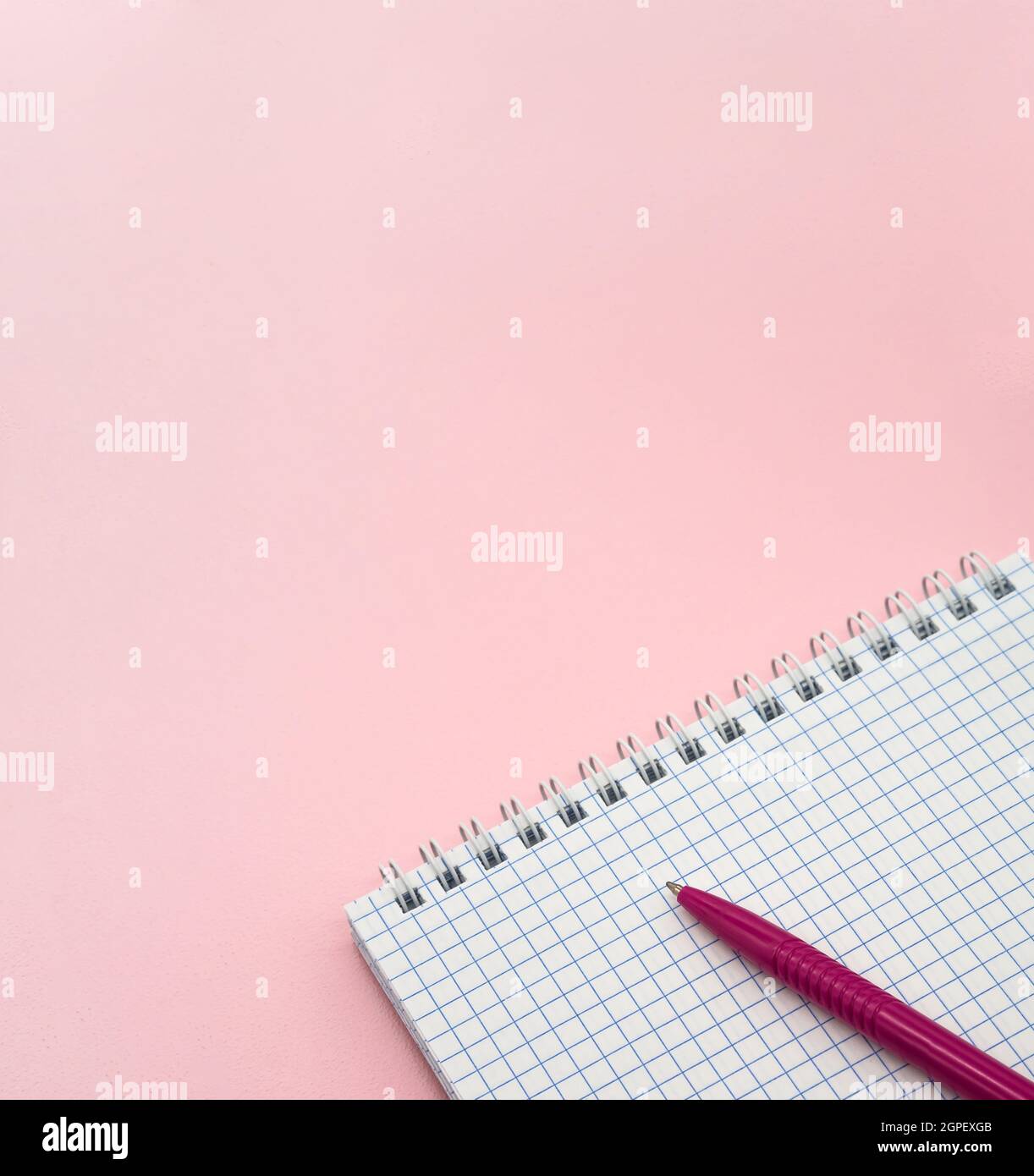A blank checkered sheet of paper. Notepad and pen on pink. Pink Pen ...