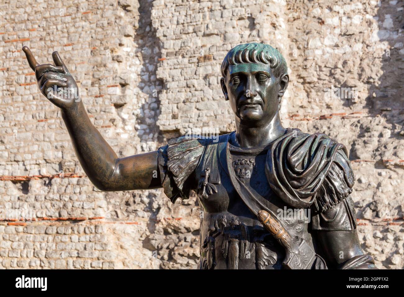 Roman emperor Trajan bronze statue at London Wall Tower Hill England UK ...