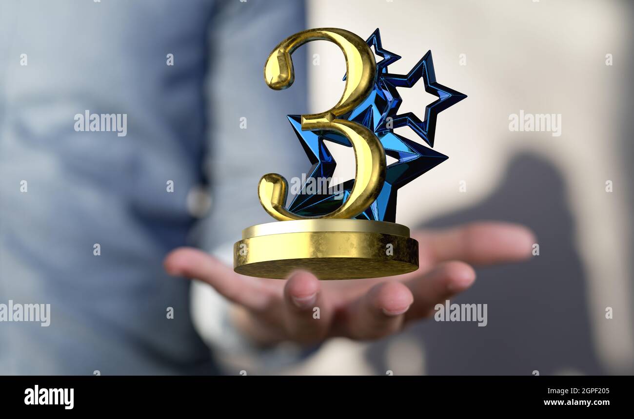 3d rendering of a third-place award with blue stars in a human hand ...