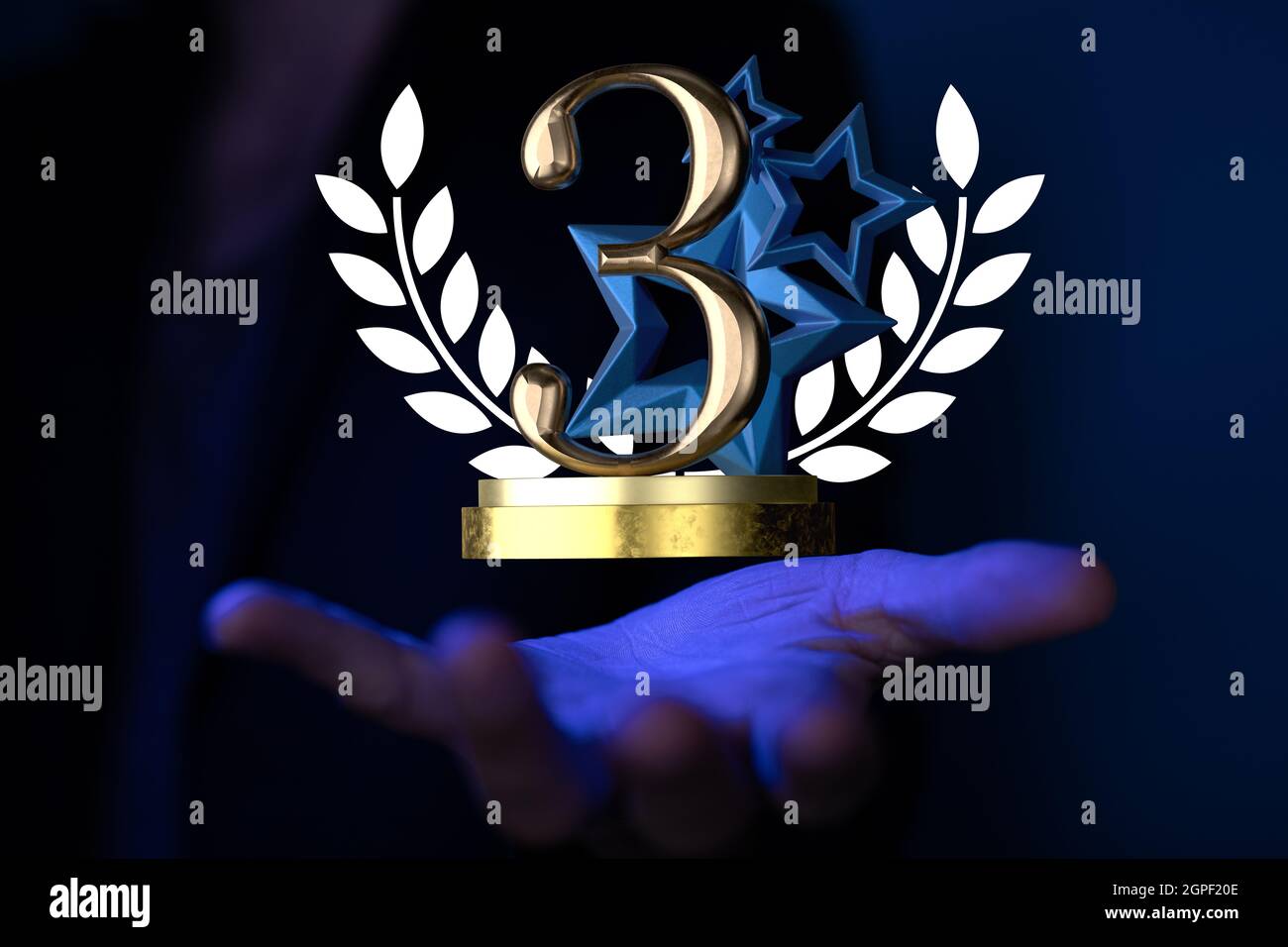 3d rendering of a third-place award with laurel wreath and blue stars ...