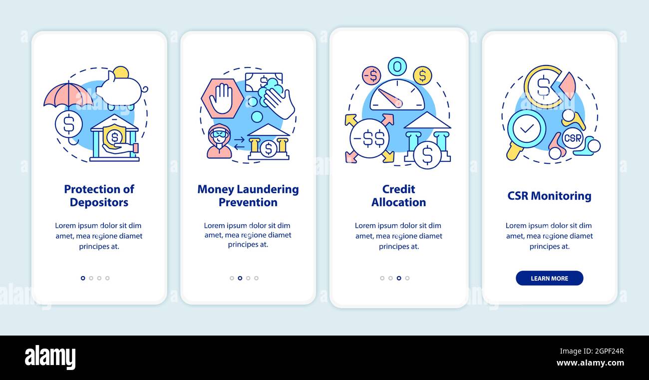 Bank regulation tasks onboarding mobile app page screen Stock Vector ...