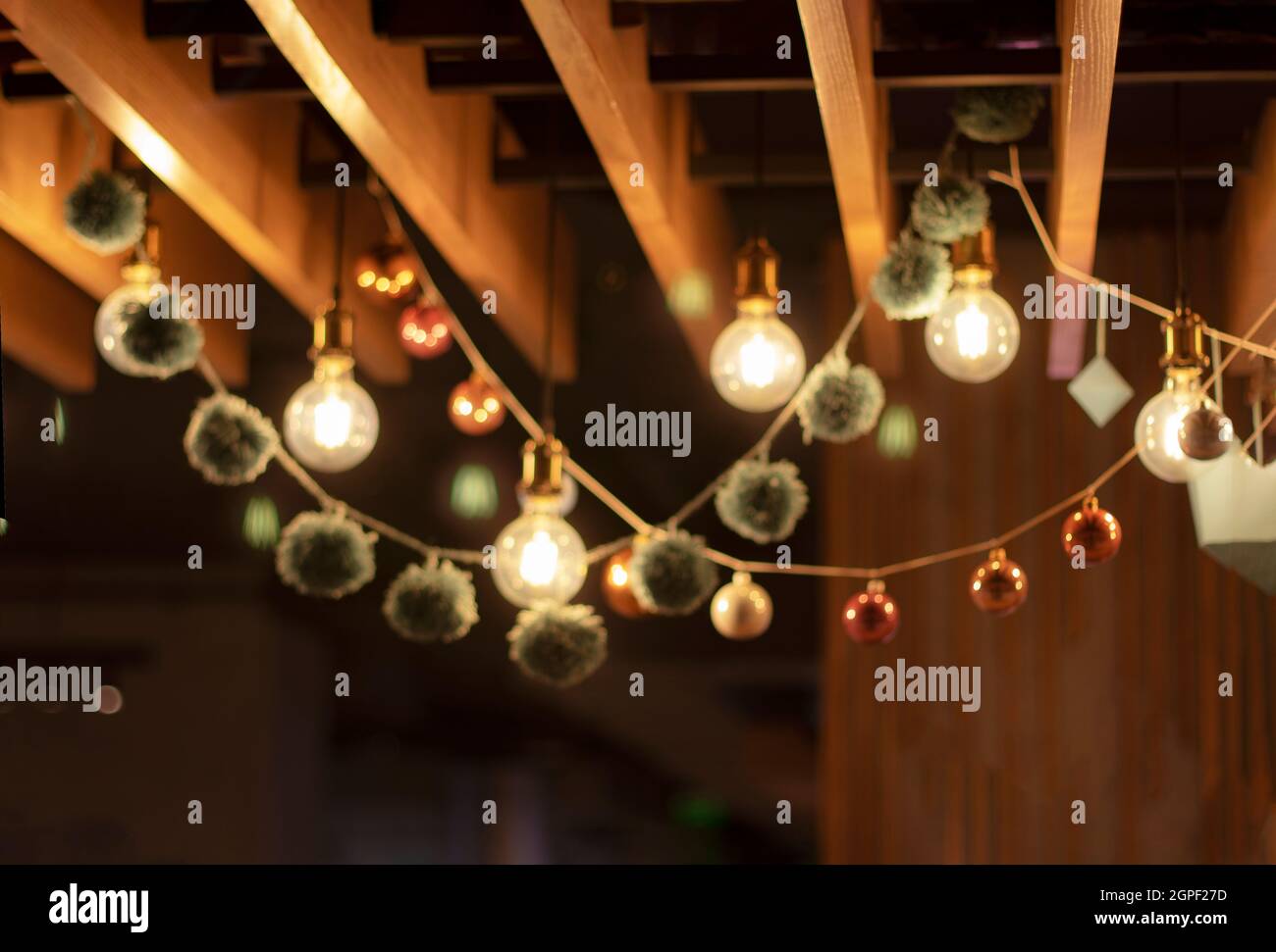 Blurred background, texture. Golden blurry garlands of retro lamps and ...