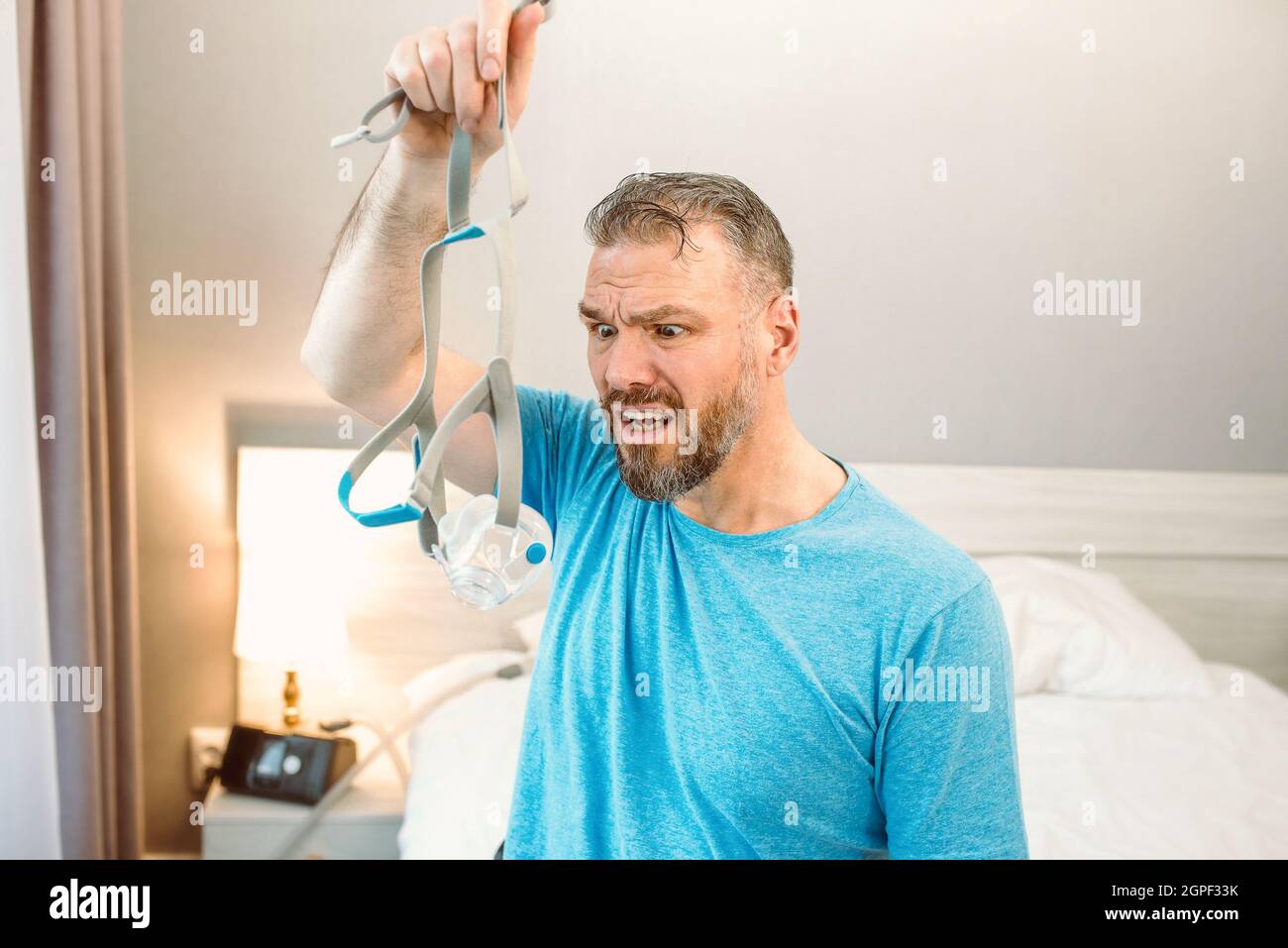 Unhappy shocked man with chronic breathing issues surprised by using ...