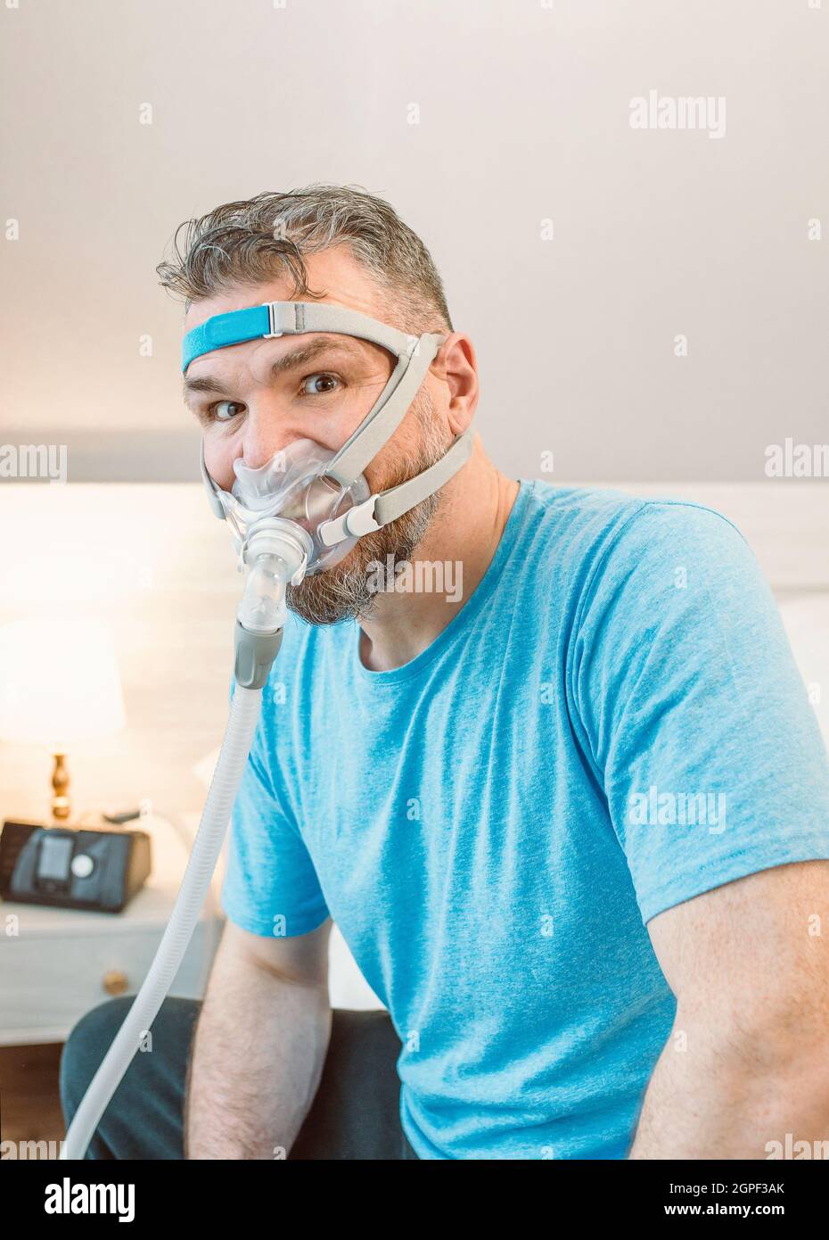 Unhappy shocked man with chronic breathing issues surprised by using ...