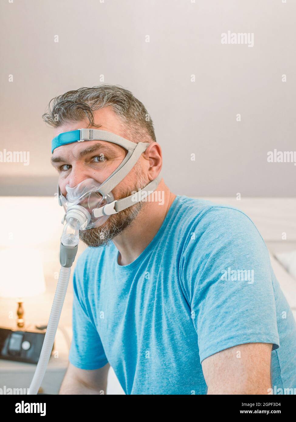 Unhappy shocked man with chronic breathing issues surprised by using ...