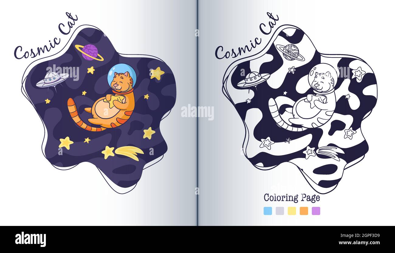 Adorable Cat Cosmonaut Hugging a Star Coloring Page. Cartoon Style ...