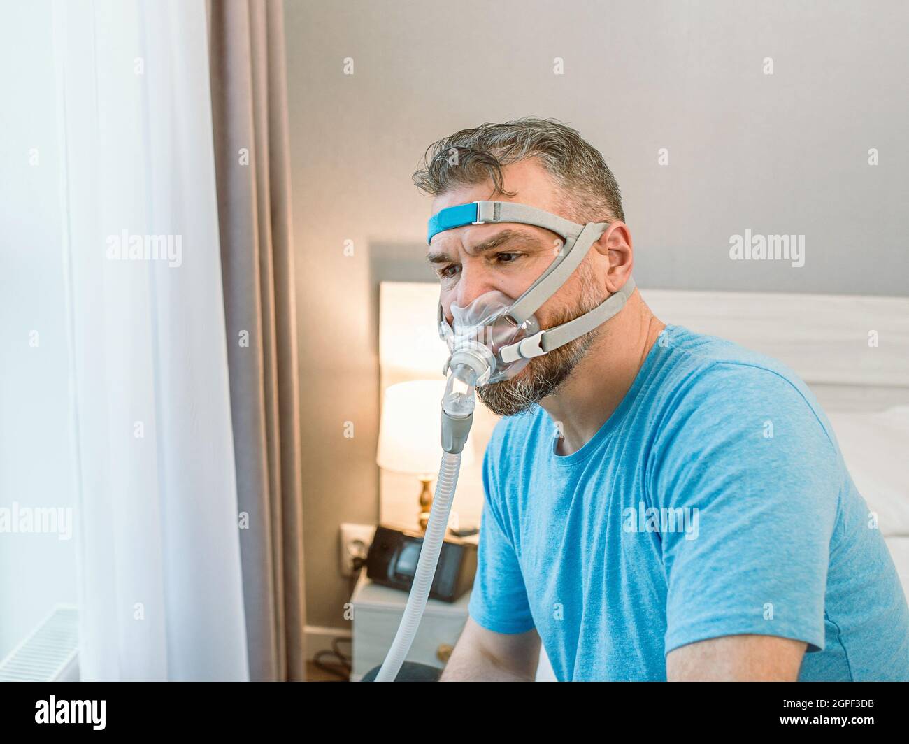 Unhappy shocked man with chronic breathing issues surprised by using ...