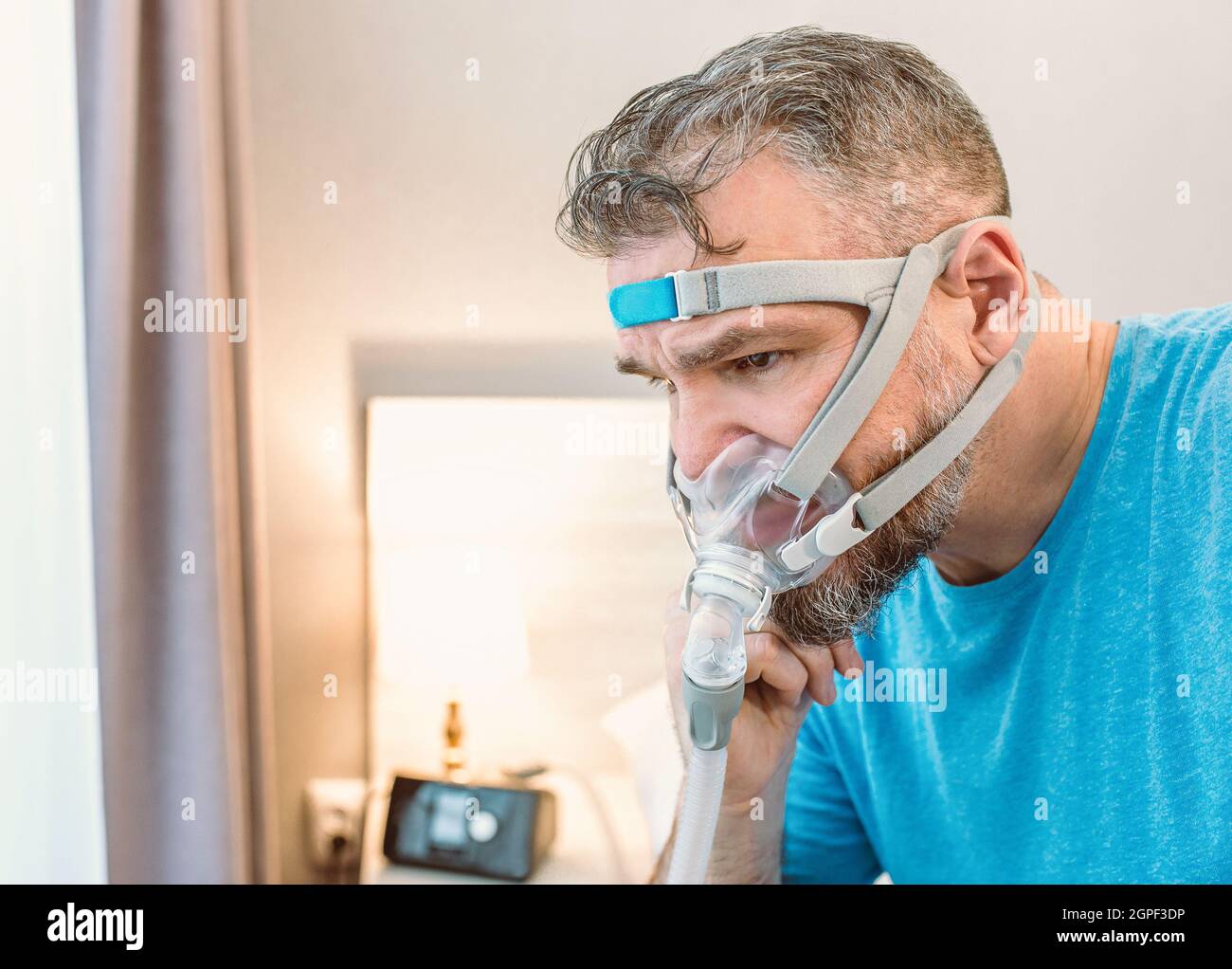 Unhappy shocked man with chronic breathing issues surprised by using ...