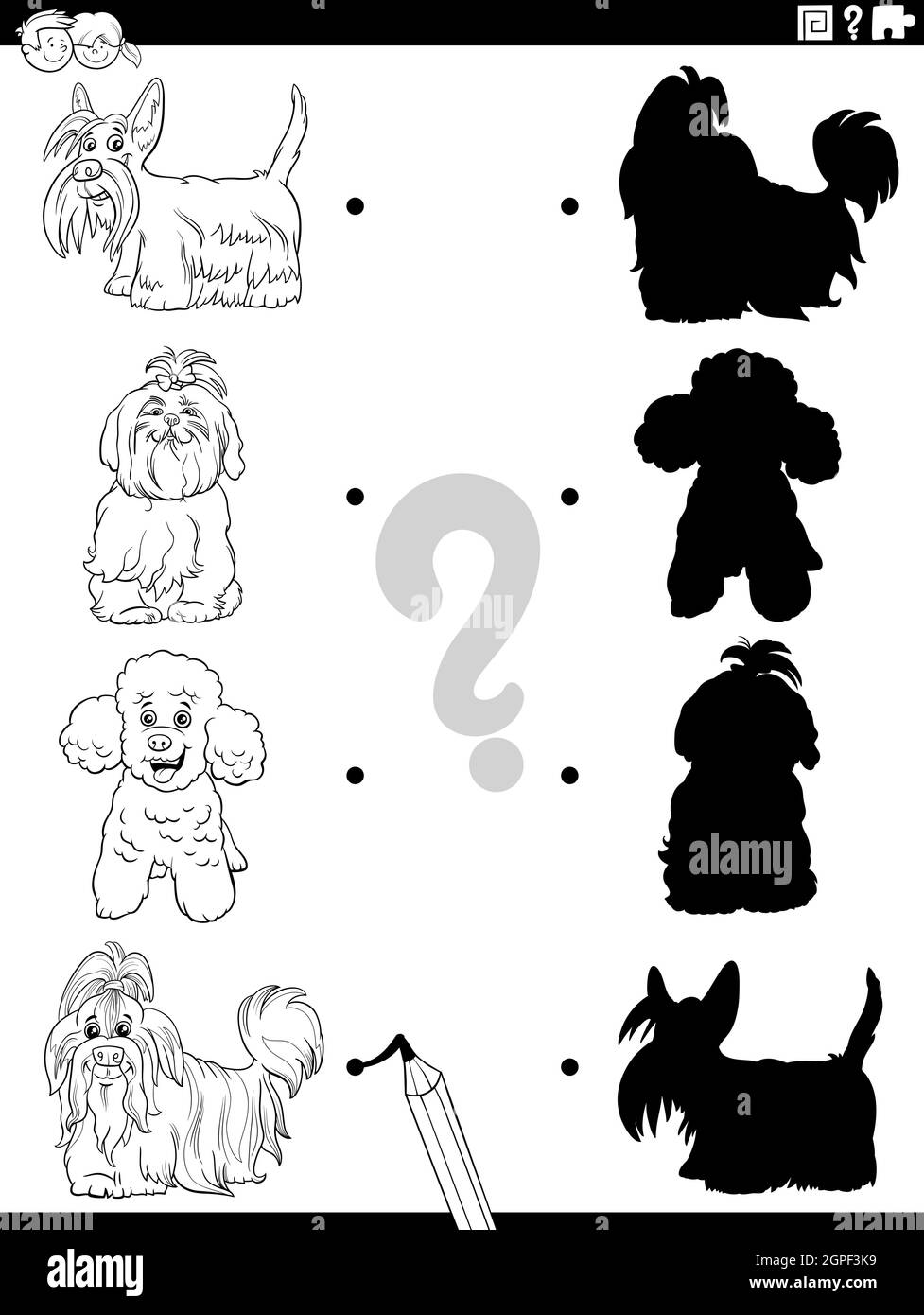 shadow task with cartoon purebred dogs coloring book page Stock Vector ...