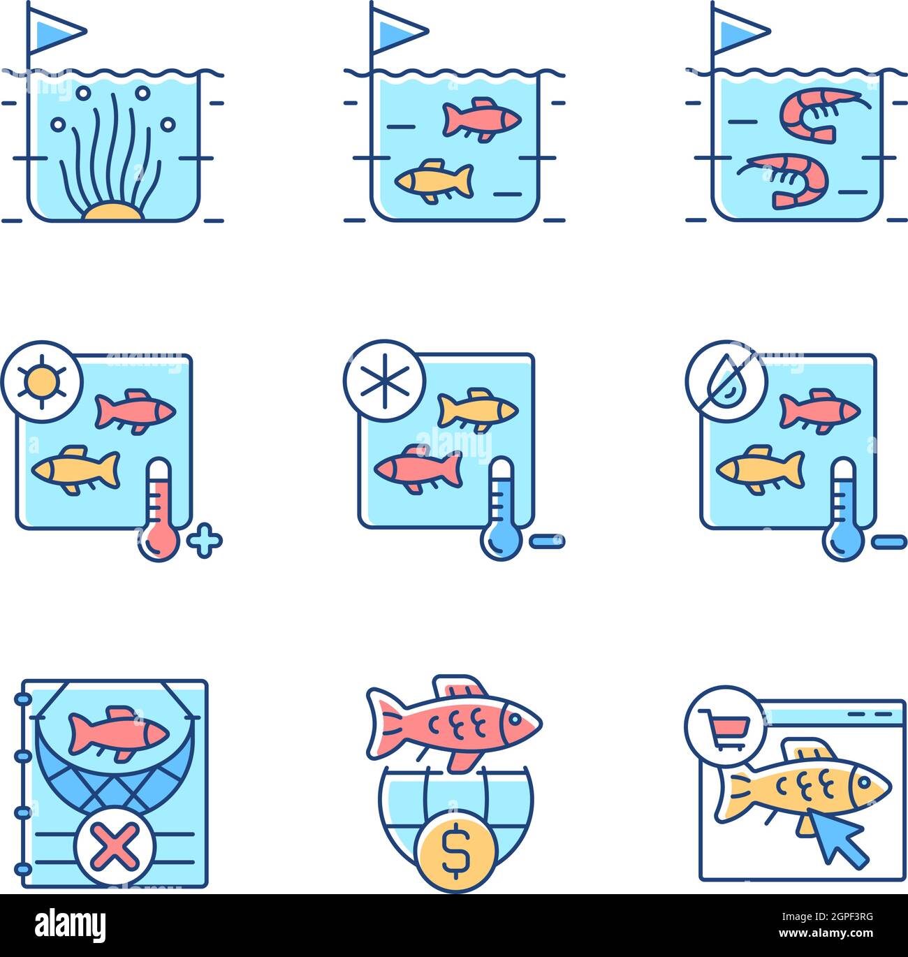 Fish product farming and storing RGB color icons set Stock Vector Image ...