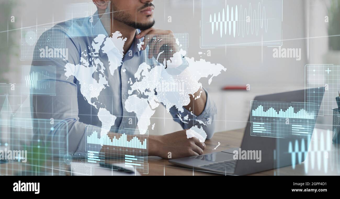 Project manager using laptop. Technology and accounting concept. Double ...