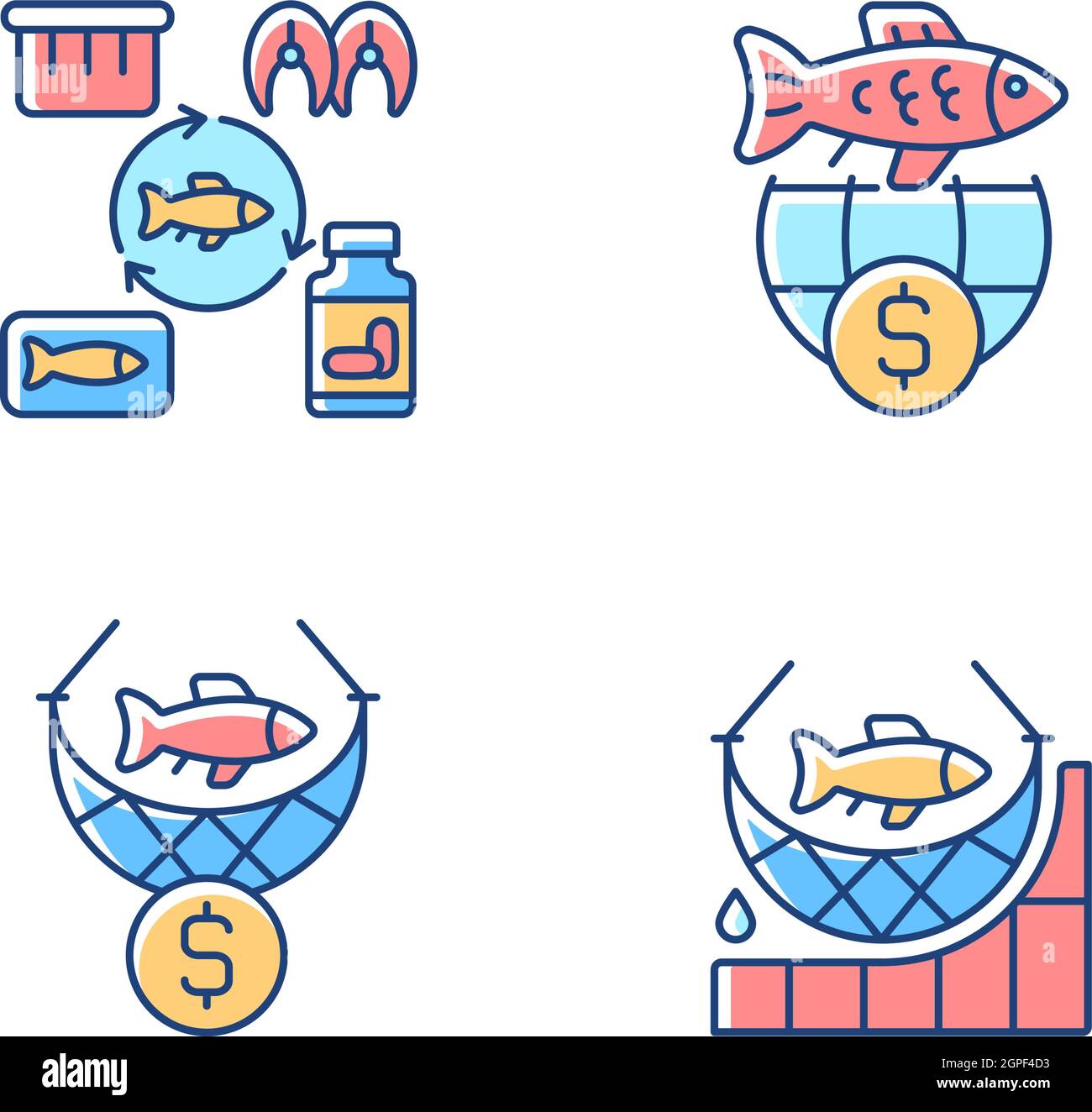 Fish product producing and trade RGB color icons set Stock Vector Image ...
