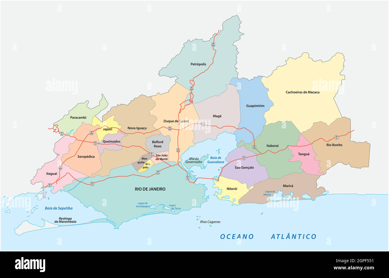Main roads and administrative map of Greater Rio de Janeiro, Brazil ...