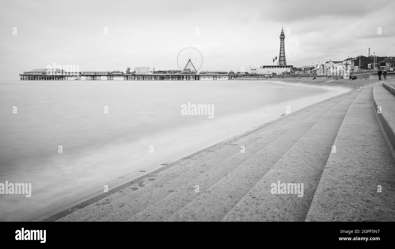 Blackpool Tower and the Central Pier in monochrome seen along the ...