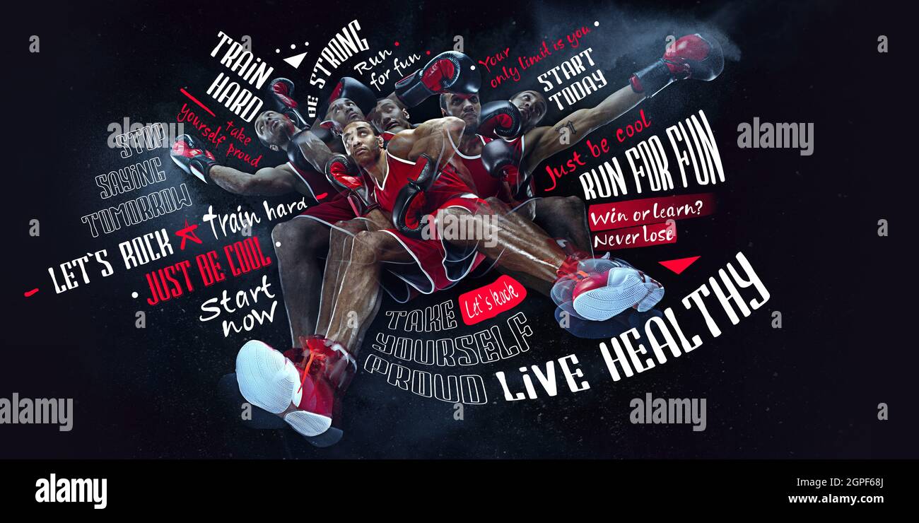 Bottom view of male sportsman, boxer in red boxing gloves in motion and ...