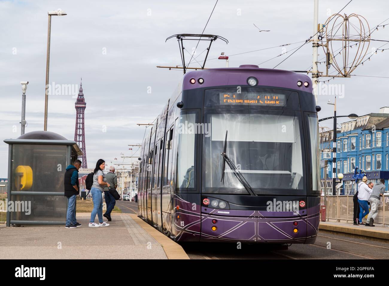 A modern purple tram stops next to a platform along the Golden Mile ...