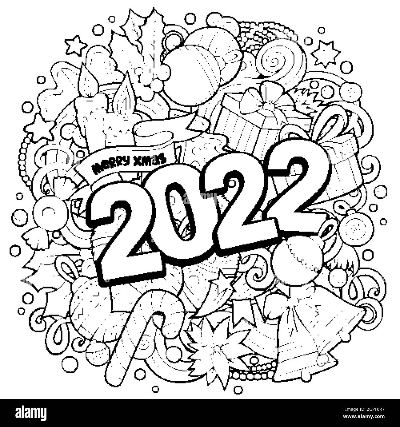2022 hand drawn doodles illustration. New Year objects and elements ...