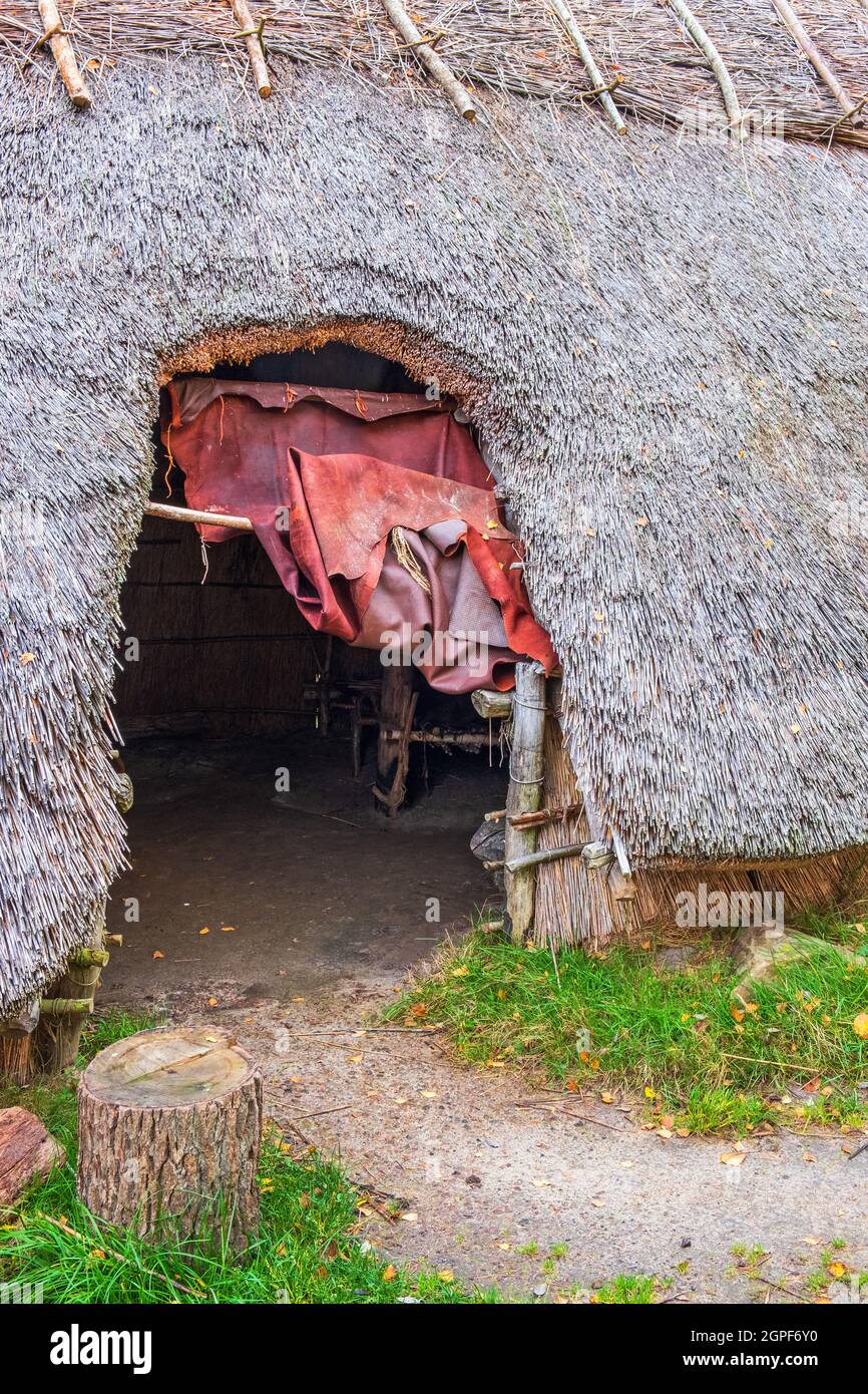 Reconstructed hut from prehistoric era with a animal skin in the door ...