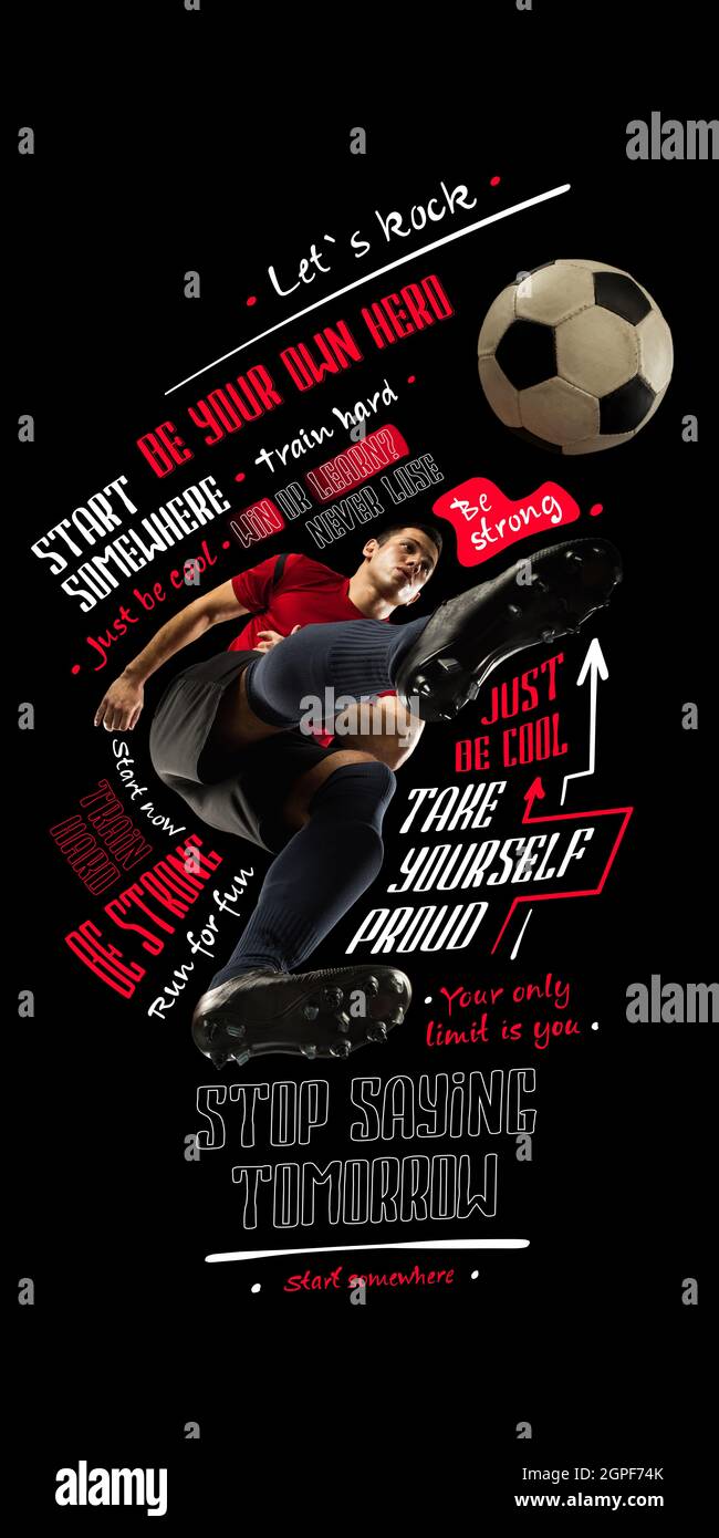 Poster. Sportive young man, professional football player in motion and ...