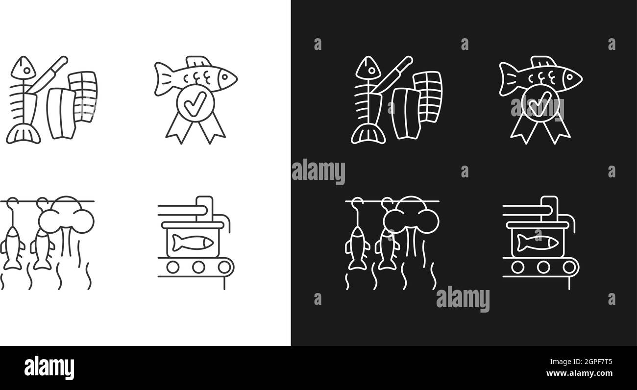 Fish products preparation linear icons set for dark and light mode ...