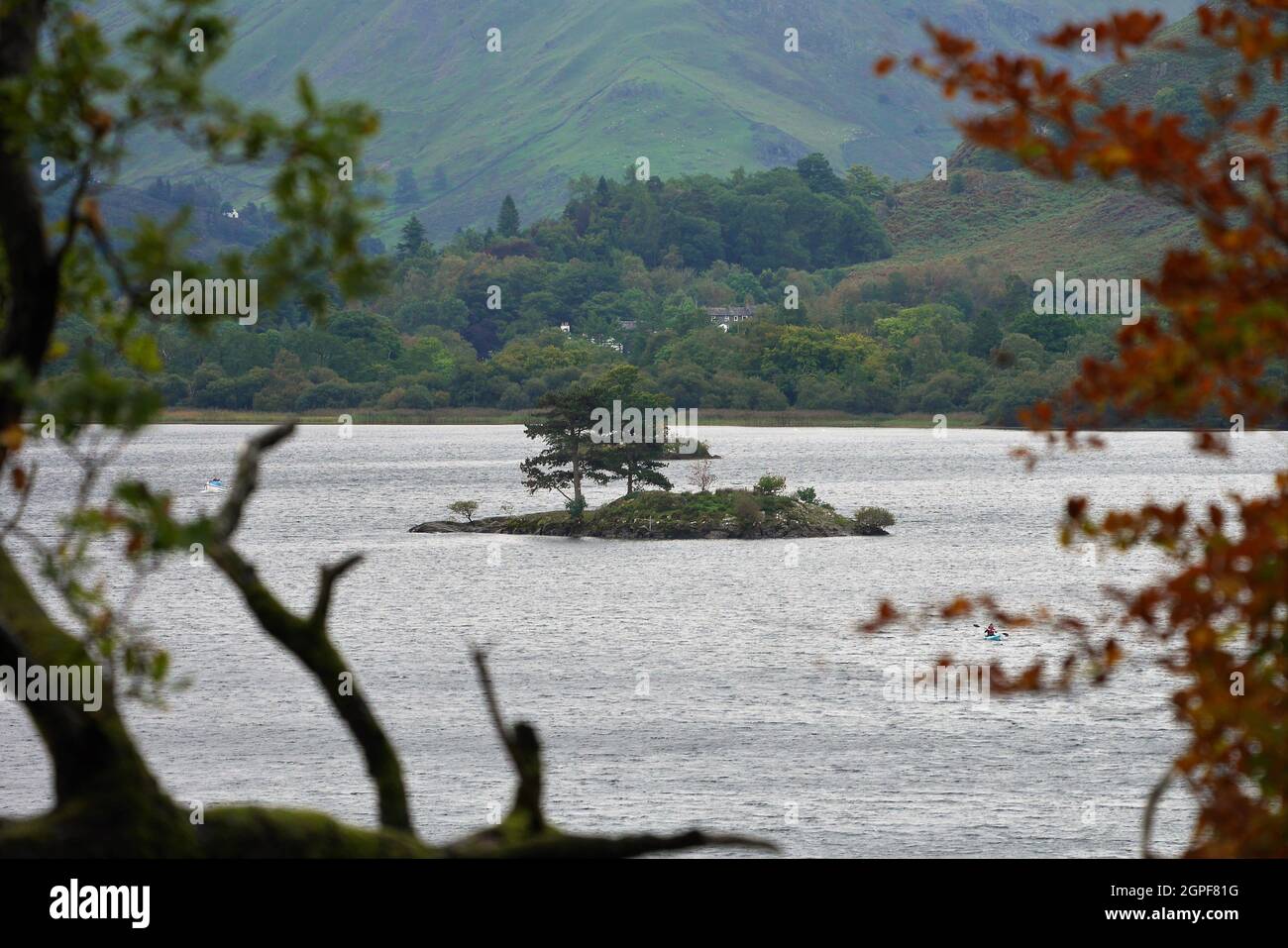 Wall Holm Island, through foliage, Ullswater, Lake District National ...