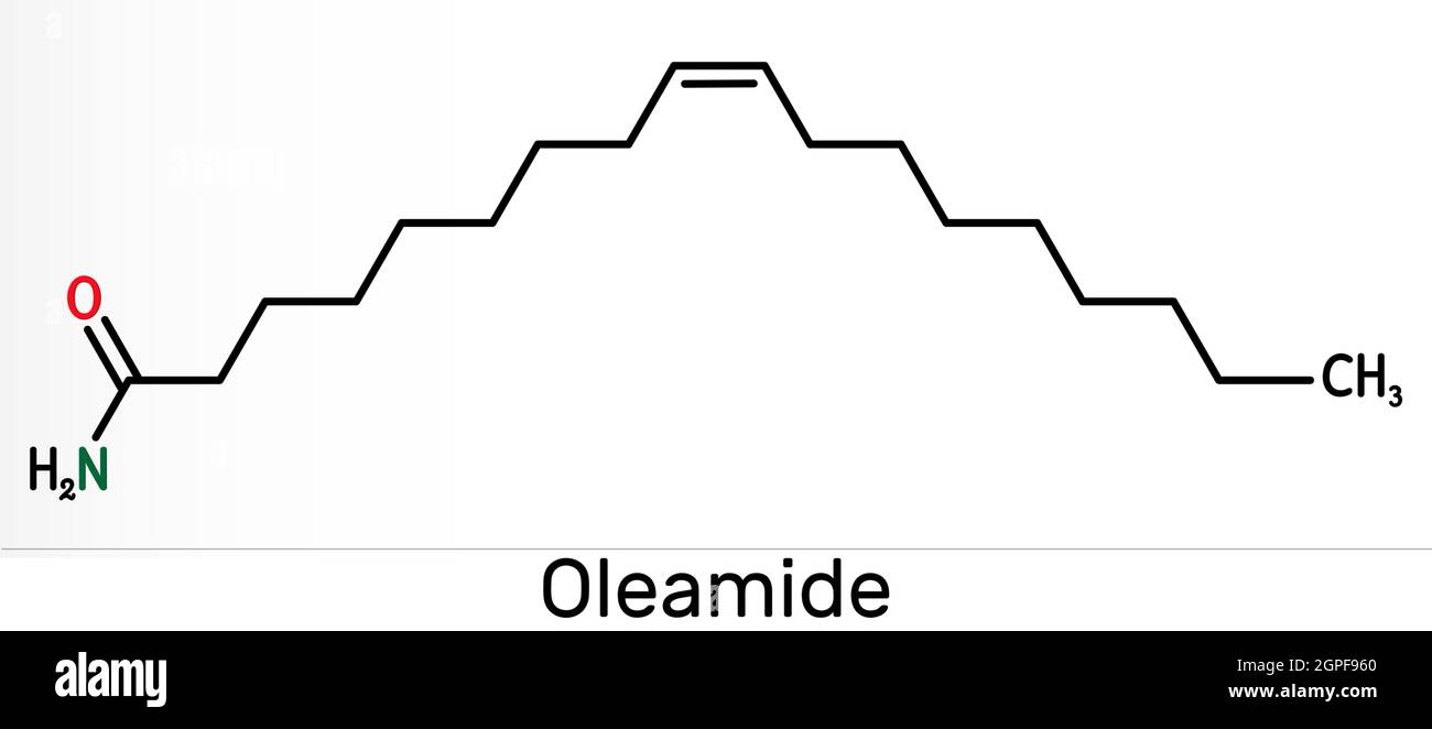 Oleamide molecule. It is fatty amide derived from oleic acid. Skeletal ...
