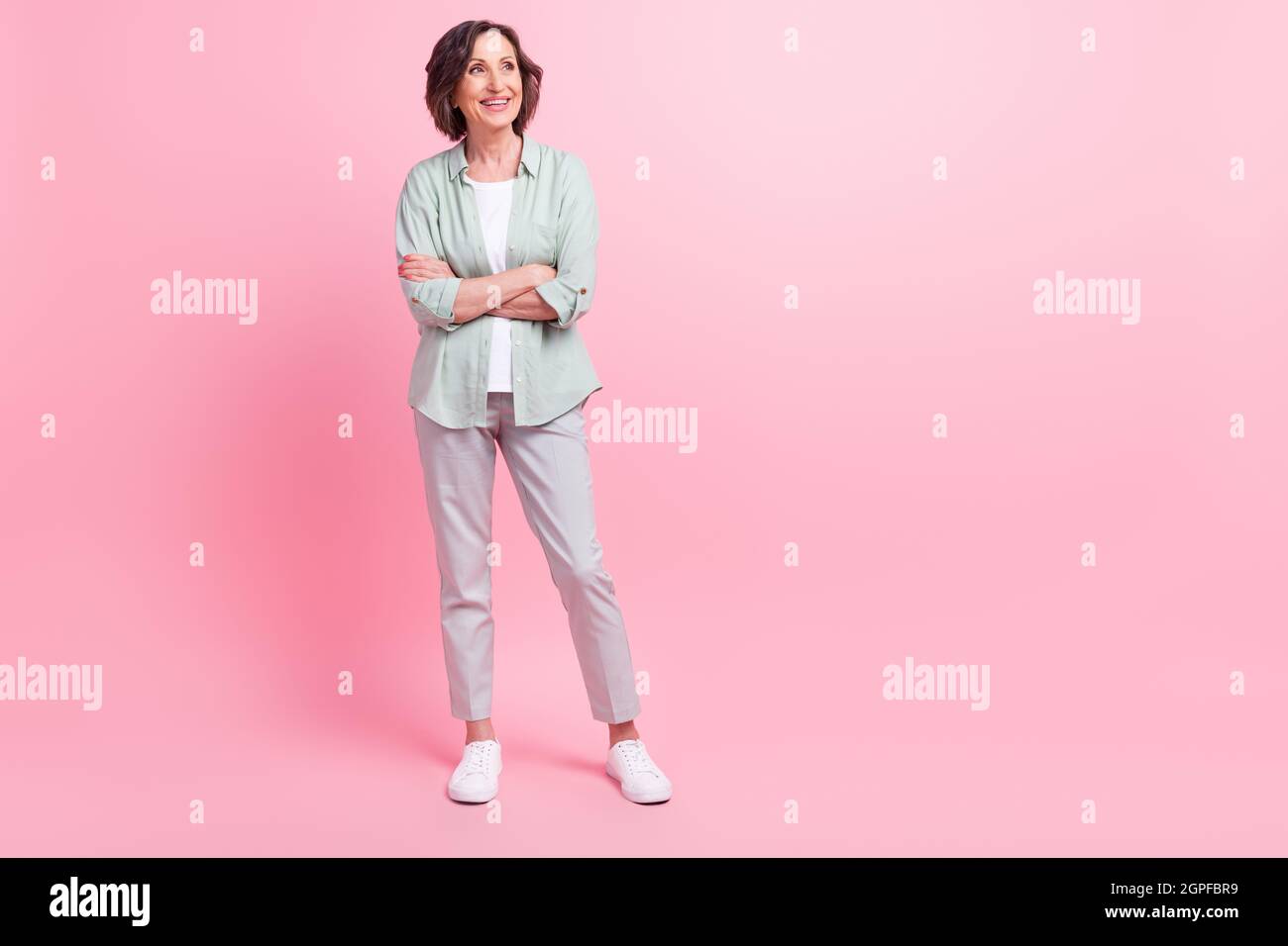 Full body photo of pretty aged person folded hands look interested ...