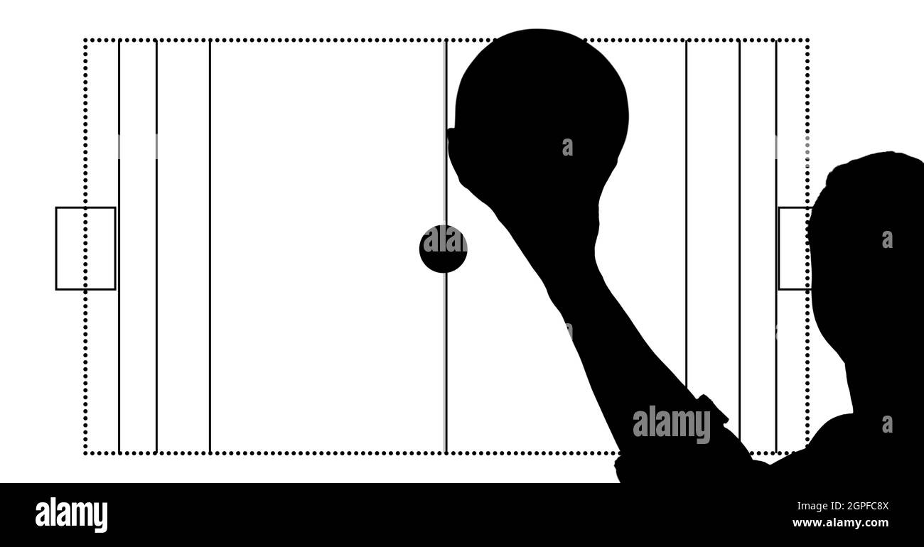 Silhouette of female handball player against handball field layout on ...
