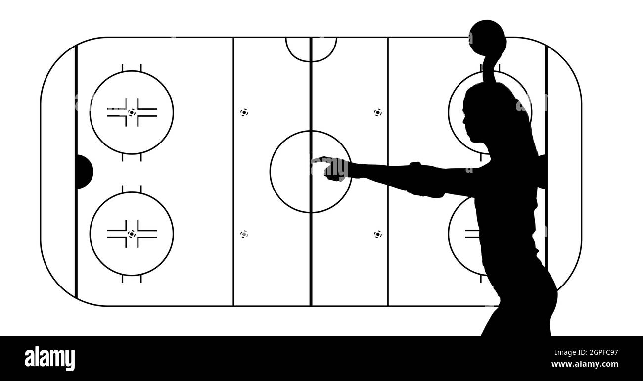 Silhouette of female handball player against handball field layout on ...
