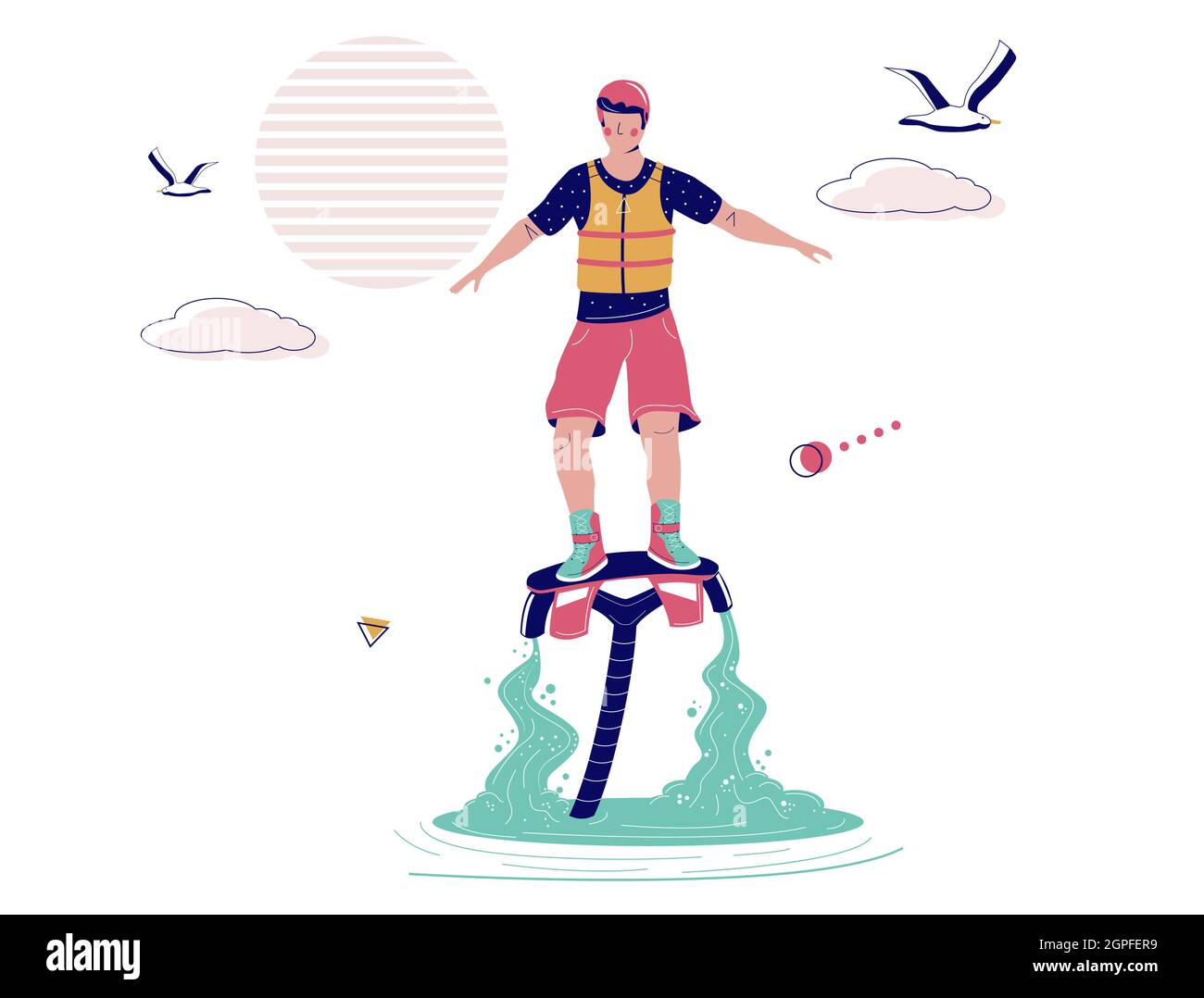 Man flying on flyboard, vector illustration. Flyboarding, extreme water ...