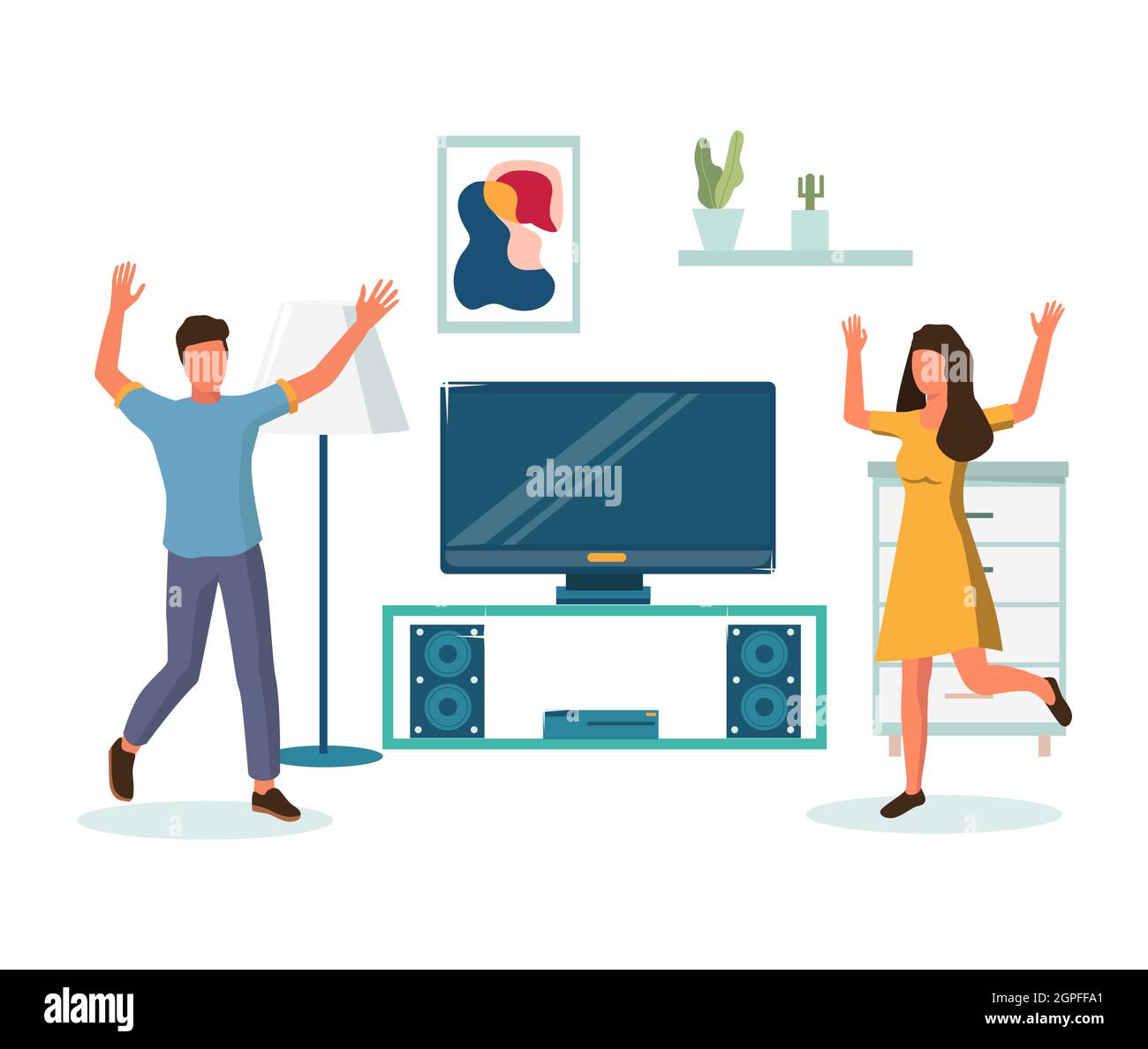 Happy couple enjoying relocation. Housewarming party celebration after ...