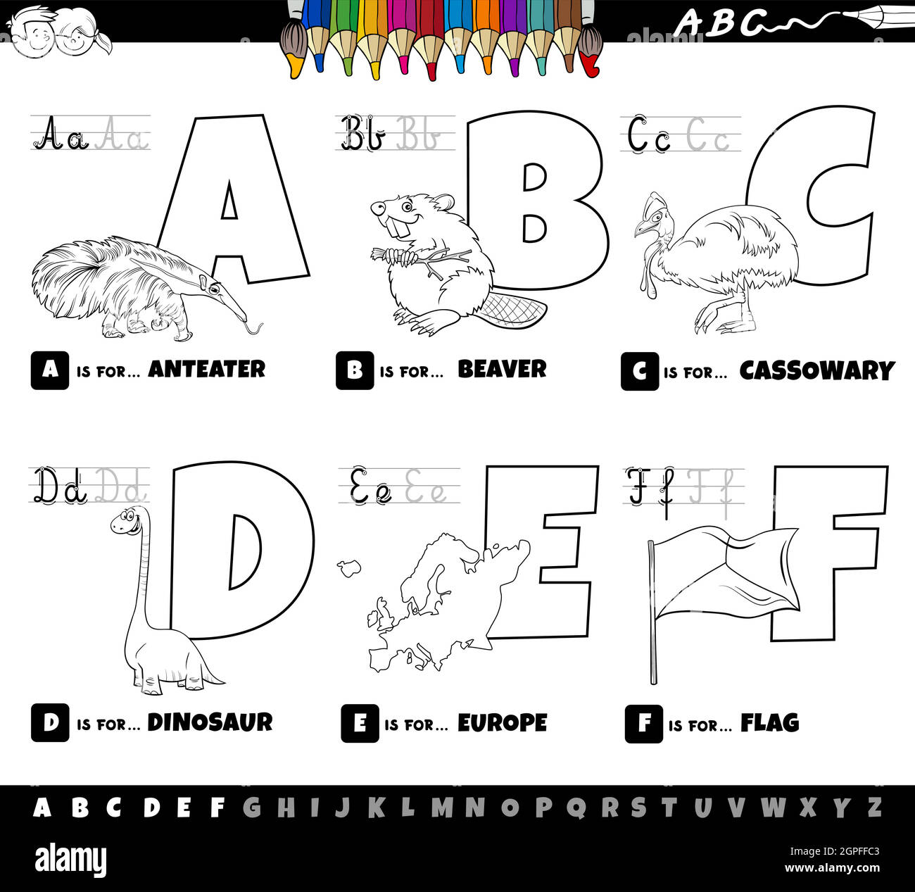 educational cartoon alphabet letters set from A to F color book page ...