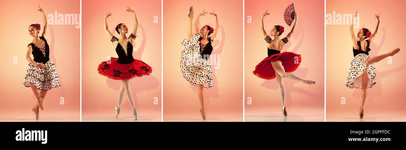 Collage of portraits of one female ballet dancer, ballerina wearing ...