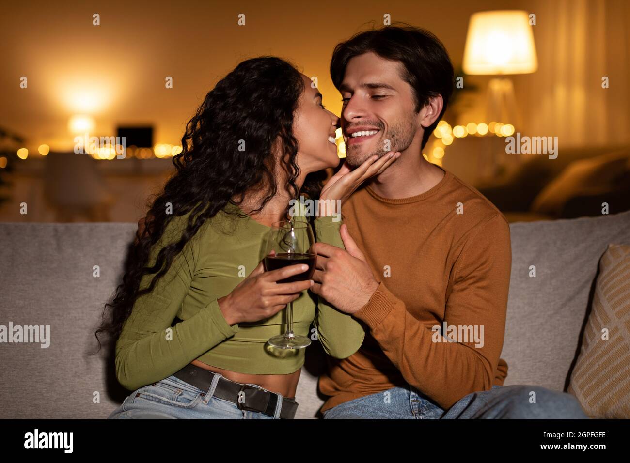 Couple In Love Drinking Wine Having Romantic Date At Home Stock Photo ...